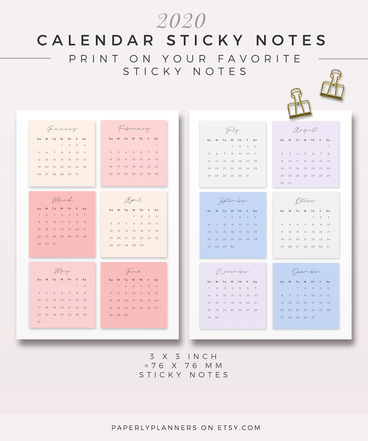 Paperly Planners - Beautiful, Productive. - 2020 Calendar Sticky Notes